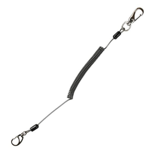 安全ロープ 黒工具類の落下防止アイテムワイヤーΦ1ミリが入って耐荷重5kgの強さ。接続ワイヤー付使用荷重 5kg材質：ポリウレタン・1m/mワイヤー芯（生地）、鉄（金具）サイズ：H自然長 430mm・コイル部 105mm・最大伸長 1,60...