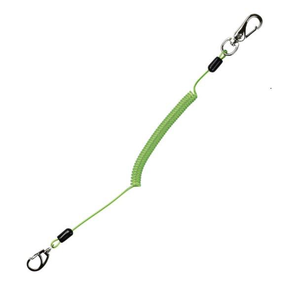 安全ロープ 緑工具類の落下防止アイテムワイヤーΦ1ミリが入って耐荷重5kgの強さ。接続ワイヤー付使用荷重 5kg材質：ポリウレタン・1m/mワイヤー芯（生地）、鉄（金具）サイズ：H自然長 430mm・コイル部 105mm・最大伸長 1,60...