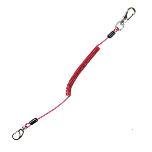 安全ロープ 赤工具類の落下防止アイテムワイヤーΦ1ミリが入って耐荷重5kgの強さ。接続ワイヤー付使用荷重 5kg材質：ポリウレタン・1m/mワイヤー芯（生地）、鉄（金具）サイズ：H自然長 430mm・コイル部 105mm・最大伸長 1,60...