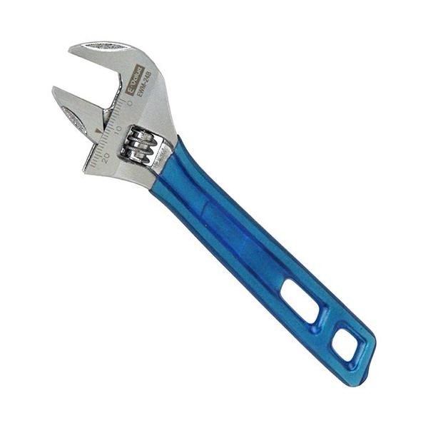 軽量でワイドな口開きのモンキレンチです。【用途】ボルト・ナットの締め付け、緩め作業。【機能】軽量ボディで作業中の負担を軽減します。【仕様】●最大口幅：24mm。●全長：155mm。【注意事項】口の奥でボルトやナットの二面に口幅を確実に合わせ...