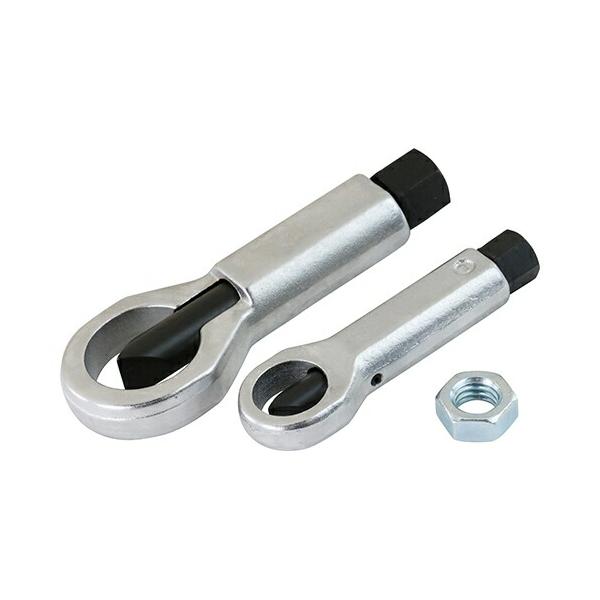 回せなくなったナットを割る専用工具です。【用途】ナット割り専用。【機能】破壊されるナットを円形の中心部に入れ、後部の六角ボルトをスパナ(NS-2は14mm、NS-3は19mm)、モンキーレンチ等で締めつけ、ナットを割ります。【仕様】●対応ナ...