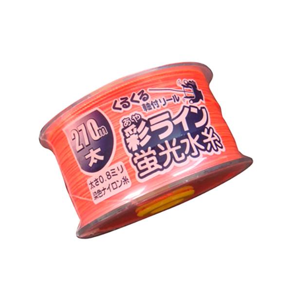 クルクル回る軸付きリールでスムーズに糸張りができます。【用途】測量用水糸。【機能】使いやすいナイロン水糸です。透明リールで糸の残量が確認できます。現場でよく見える蛍光染色です。【仕様】●色：蛍光オレンジ。●糸の太さ：太(約0.8mm)。●長...