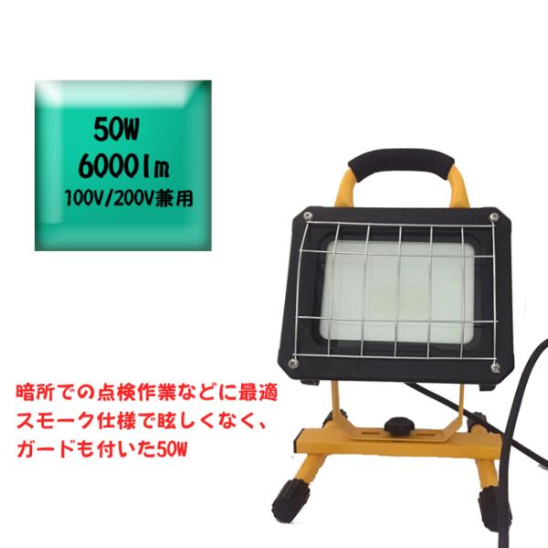 【アウトレット商品：未使用品：パッケージ不良】50Wで6000lmのハイパワーな点検作業用LED投光器です。工場や作業場での暗がりでの点検作業や工事現場などでピンポイント照明として人気です。フロスト強化ガラスでまぶしさを低減します。ガード付...