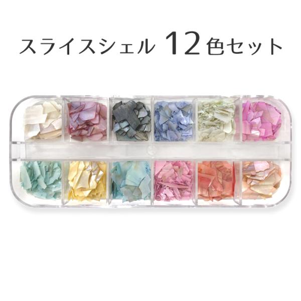 12色セットのフレークシェル薄くスライスした貝殻です。薄いので、適度な大きさに砕いたり割ったりすることができます。ジェルに混ぜて埋めたり、未硬化ジェルをふき取らずにシェルを置き、その上からクリアジェルでシェルをコートし硬化。デコボコが残った...