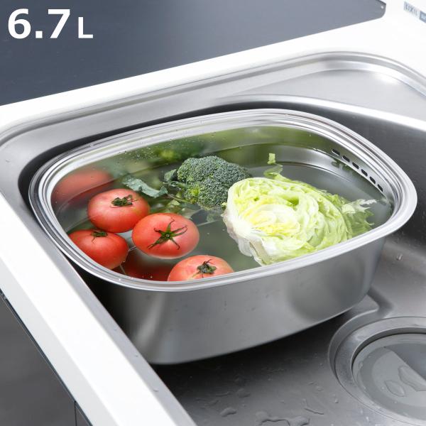 サイズ/外寸：約幅29×奥行38×高さ14.7cm内寸：約幅24.5×奥行33.5×高さ12.5cm重量/約695g容量/約6.7L※あふれ面までの容量内容量/1個材質/本体・脚芯材：ステンレス鋼脚ゴム：合成ゴム生産国/日本製耐荷重/10k...