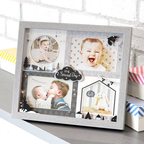 モノトーンでオシャレなベビーフォトフレームです。大人可愛い北欧デザインです。写真をカットせずに重ね合わせて4枚入れられます。フォトフレームに厚みがあり、表面にはクリスタルラインストーンがついています。卓上や壁掛けとして使用出来ます。可愛いド...