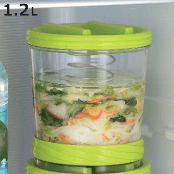 サイズ/約高さ14cm直径：約13cm重量/約220g容量/満水容量：1.2L内容量/1個材質/本体容器：AS樹脂スプリング：ステンレス鋼蓋・たが：ポリエチレンバネおさえ：ポリプロピレン生産国/日本製パーツ別耐熱温度/本体容器：約80度蓋・...