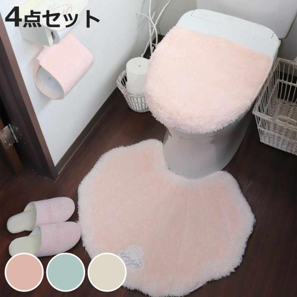 サイズ/トイレマット：約縦55×横65cmスリッパ・適応サイズ：約24cm内容量/4点セットセット内容：トイレマット1枚、スリッパ1足、ペーパーホルダー1枚、フタカバー1枚材質/トイレマット：パイル部・ポリエステル100％スリッパ、ペーパー...