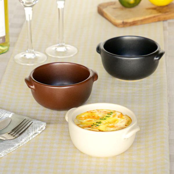 サイズ/約奥行12×高さ5cm直径：約10cm重量/約190g容量/約235ml内容量/1個材質/耐熱陶器（萬古焼）種類/ブラック、ブラウン、ホワイト生産国/日本製電子レンジ/使用可能オーブン/使用可能熱源/ガス火専用●アツアツを楽しめるグ...