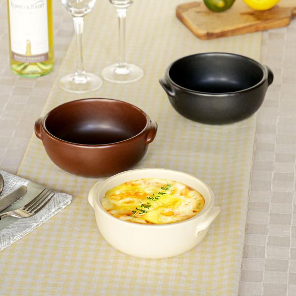 サイズ/約奥行15.2×高さ5.5cm直径：約13.3cm重量/約350g容量/約470ml内容量/1個材質/耐熱陶器（萬古焼）種類/ブラック、ブラウン、ホワイト生産国/日本製電子レンジ/使用可能オーブン/使用可能熱源/ガス火専用●アツアツ...