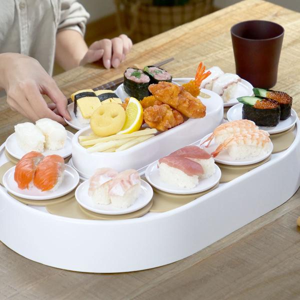 サイズ/約幅48.5×奥行32.5×高さ11cmセット時：約幅48.5×奥行32.5×高さ11中央部分内寸；約幅18×奥行8×高さ1.3cm重量/約1.7kg内容量/本体：1個、すし皿：10枚、握り寿司型：1個材質/本体・寿司皿：ABS樹脂...