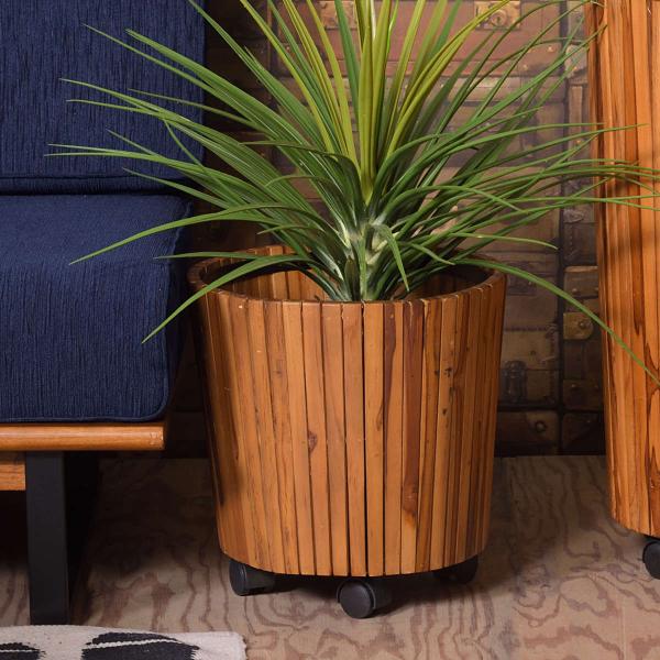 サイズ/約高さ35cm直径：約34cm重量/約4kg材質/天然木(チーク)、ラッカー塗装、スチール(粉体塗装) 生産国/インドネシア製耐荷重/10kg組立状態/お客様組立品●ナチュラルな風合いが魅力のウッドプランターです。●キャスター付きで...