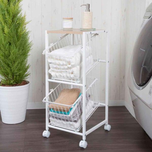 サイズ/約幅33.5×奥行35×高さ78.5cmカゴ1個：幅28.5×奥行38×高さ22.5cm重量/約6kg容量/カゴ：約19L内容量/1セット（ワゴン×1、バスケット×2）材質/フレーム：スチール（粉体塗装）棚板：強化紙化粧繊維板生産国...