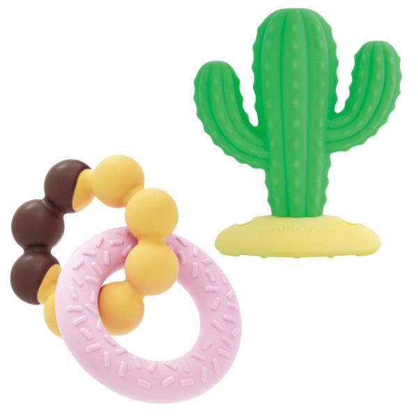 サイズ/ドーナツ：チョコ、イチゴ各約直径6.8×高さ1.8cmサボテン：約幅6.9×奥行4×高さ8.4cm内容量/1個材質/シリコーンゴム種類/ドーナツ、サボテン耐熱温度/170度対象年齢/3か月頃から●歯のむずがゆさを解消する歯がためです...