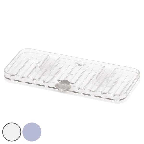 サイズ/約幅20×奥行8.5×高さ1.5cm重量/約76g内容量/1個材質/スポンジトレー：アクリル樹脂、吸着盤：塩化ビニル種類/クリア、ブルー生産国/日本製パーツ別耐熱温度/アクリル樹脂：80度●スッキリとしたデザインのアクリル製スポンジ...