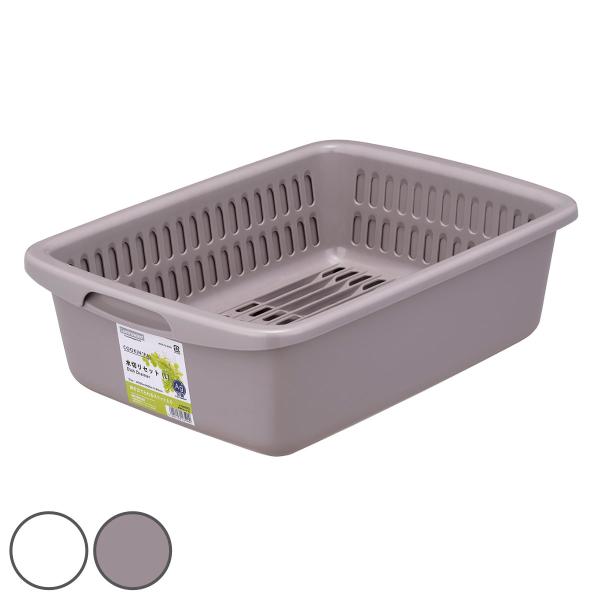 サイズ/約幅33×奥行45×高さ14cm重量/約1.014kg内容量/1個材質/ポリプロピレン種類/ホワイト、ベージュグレー生産国/日本製●水切りセット　Lサイズです。●底面のくぼみによってお皿が固定され、乾きやすいです。●抗菌加工が施され...