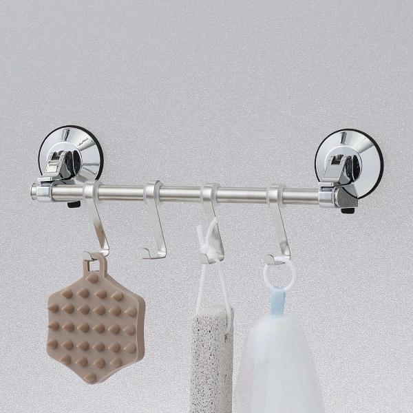 サイズ/約幅28×奥行5.5×高さ10.5cm内容量/1本付属品：フック4個材質/パイプ：ステンレス鋼管、ABS樹脂（メッキ仕上げ）支持部：ABS樹脂（メッキ仕上げ）、ポリアセタールフック：ポリスチレン、ステンレス鋼板吸盤：ポリアセタール・...