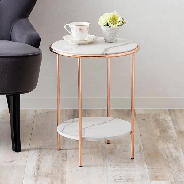 サイズ/約幅38×奥行38×高さ48cm重量/約3kg内容量/1台材質/天板：合成樹脂化粧繊維板（塩化ビニル樹脂）フレーム：スチール（メッキ加工）カラー/ピンクゴールド生産国/台湾製天板耐荷重/約5kg組立状態/お客様組立品●丸型で可愛い2...