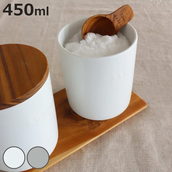サイズ/約高さ11.5cm直径：約9.5cm容量/約450ml内容量/1個材質/本体：磁器フタ：天然木（チーク／オイル仕上げ）パッキン：シリコン種類/ソルト×ホワイト、シュガー×ホワイト、ソルト×グレージュ、シュガー×グレージュ生産国/日本...