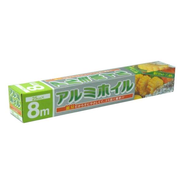 サイズ/25cm×8m内容量/1本材質/アルミニウムはく生産国/中国製●調理から食品の保存にと便利に使えるアルミホイルです。●ホイルカッターは紙刃を使用しているので、外箱ごと燃えるゴミとして処分できます。●アウトドアや防災用品としてもオスス...