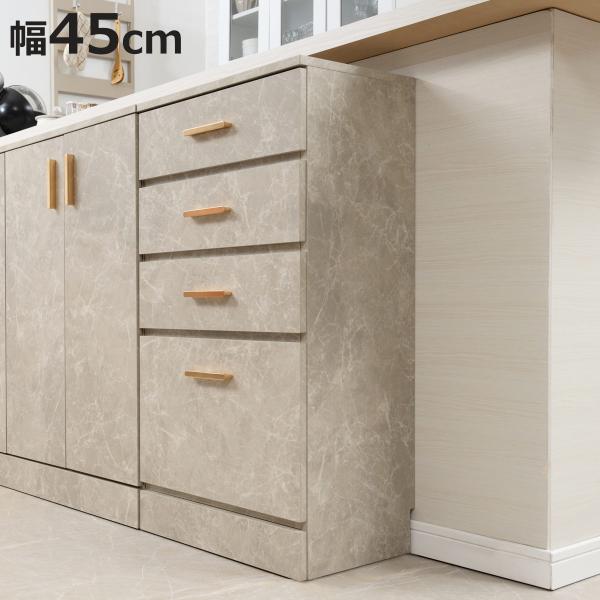 サイズ/約幅45×奥行30×高さ87.5cm重量/約19kg内容量/1台付属品：転倒防止金具材質/本体：強化プリント紙化粧繊維板生産国/中国製引き出し段数/4段天板耐荷重/10kg組立状態/お客様組立品●カウンター下収納に特化した薄型設計の...