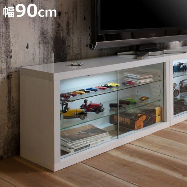 サイズ/約幅90×奥行29.5×高さ46cm重量/約24kg内容量/1台付属品：可動棚2枚LEDライト1個、連結金具2個材質/本体：ハイグロス化粧繊維板引戸・地板・棚板：4ｍｍ厚強化ガラス生産国/中国製スタッキング/可能天板耐荷重/20kg...