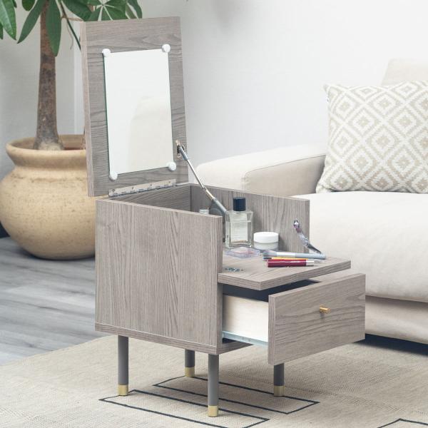 サイズ/約幅34×奥行42×高さ50cm内容量/1台材質/プリント紙化粧繊維板脚：ラバーウッド無垢、アルミ取手：真鍮生産国/日本製引き出し段数/1段アジャスター/付き天板耐荷重/約20kg組立状態/お客様組立品お届け梱包数/1個口●ドレッサ...