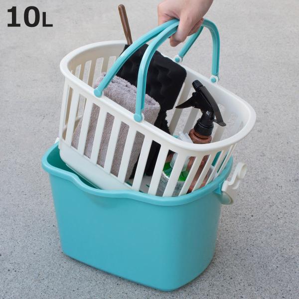 サイズ/約幅37×奥行25.8×高さ22.2cm容量/約10L内容量/1個材質/ポリプロピレン生産国/日本製●小物を収納できるバスケットと幅広角型バケツがセットになった、さまざまな場所で役立つカゴバケツです。●日用品のストック、おもちゃ、掃...