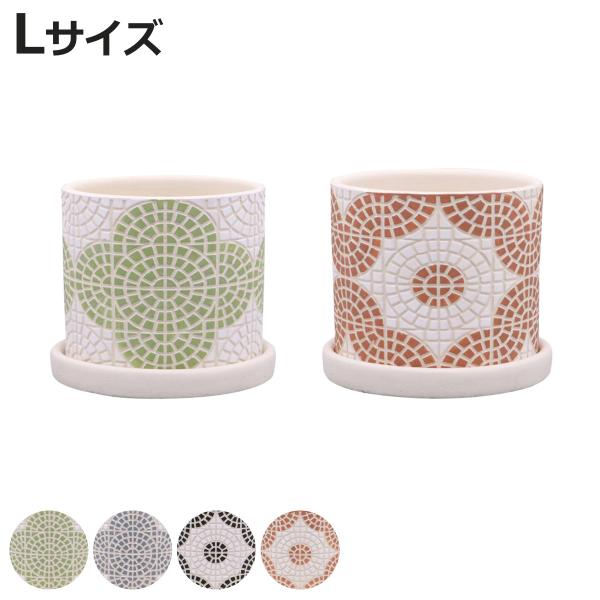 サイズ/約高さ8.5cm直径：約10.5cm内径：約9cm内容量/1個材質/セメント種類/グリーン、グレー、ブラック、ライトブラウン●様々なタイル風デザインのフリーゼポット Lサイズです。●そのまま置いておけるソーサー付きです。●底穴ありで...