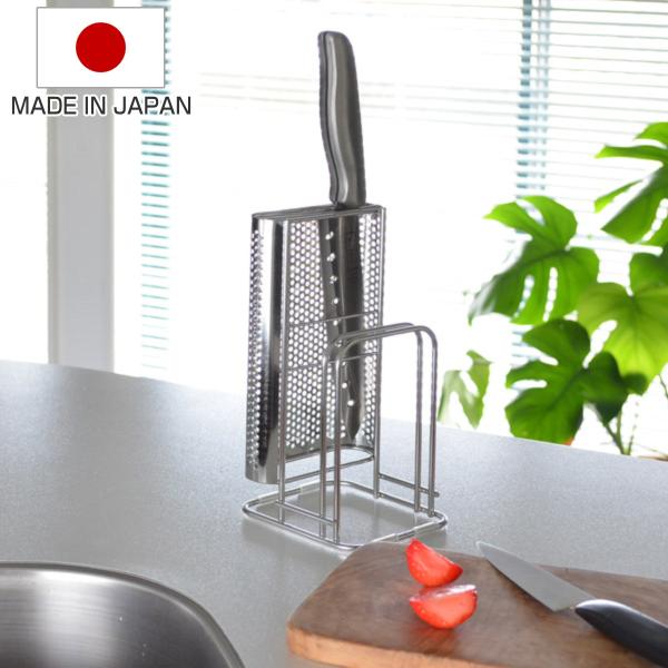 サイズ/約幅10.5×奥行11×高さ20cm重量/約247g内容量/本体1個、すべり止めゴム4個材質/本体：18-8ステンレス鋼ゴム部：シリコーンゴム生産国/日本製●包丁2本、厚さ3cmまでのまな板1枚と、シートまな板1枚が収納できます。●...