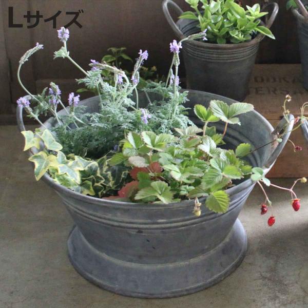 サイズ/約高さ18.5cm直径：約35.5cm内容量/1個付属品：PVCポット材質/ブリキ生産国/中国製●シャビーシックな雰囲気漂うブリキハンドルバケツ Lサイズです。●ハンドル付きなので移動がスムーズで、植え替えに便利です。●独自のシルエ...