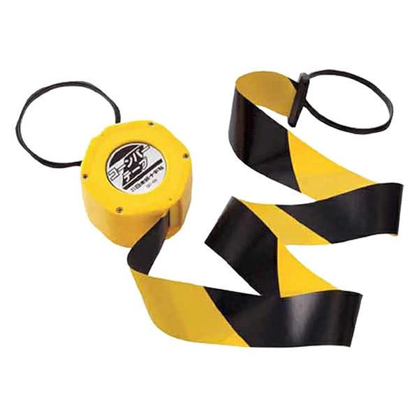 サイズ/約幅29×奥行9.5×高さ6.5cmテープ幅：約5cmテープ全長：約4（m）重量/約290g内容量/1個材質/本体、リング：樹脂製、テープ：ターポリン、巻取バネ：ステンレス●テープ式のコーンバー風バリケードです。●テープを伸ばしカラ...