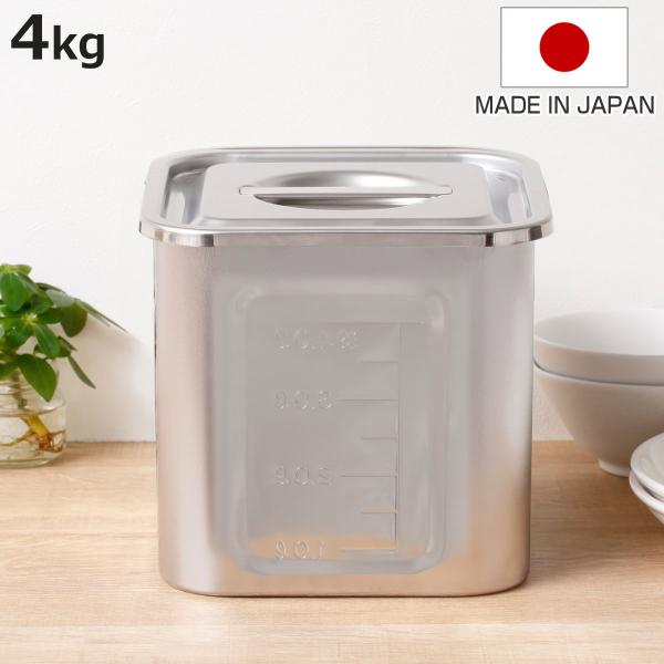サイズ/約幅19.2×奥行19.2×高さ18.1cm内径：約18cm深さ：約18cm重量/約880g容量/約5.3L内容量/1個材質/本体・フタ：21-0ステンレス生産国/日本製●丈夫でサビにくいステンレス製の米びつ4kgです。●直射日光を...