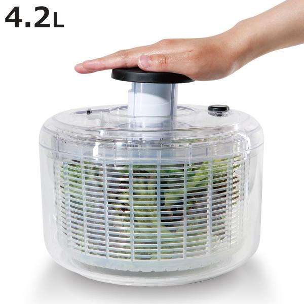 サイズ/約高さ16.5cm直径：約23cm容量/約4.2L内容量/1個材質/プラスチック生産国/中国製●押すだけで洗った野菜の水切りができる、プラスチック製のサラダスピナーです。●蓋をしてワンプッシュするだけで、内ボウルが勢いよく回転し、遠...
