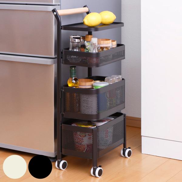 サイズ/約幅30×奥行21.5×高さ70cm内容量/1個材質/アイアン、ウッド種類/アイボリー、ブラック生産国/中国製キャスター/付き耐荷重/全体：約10kg各段：約3.5kg組立状態/完成品（一部取付）●キッチン小物をまとめてスッキリ収納...