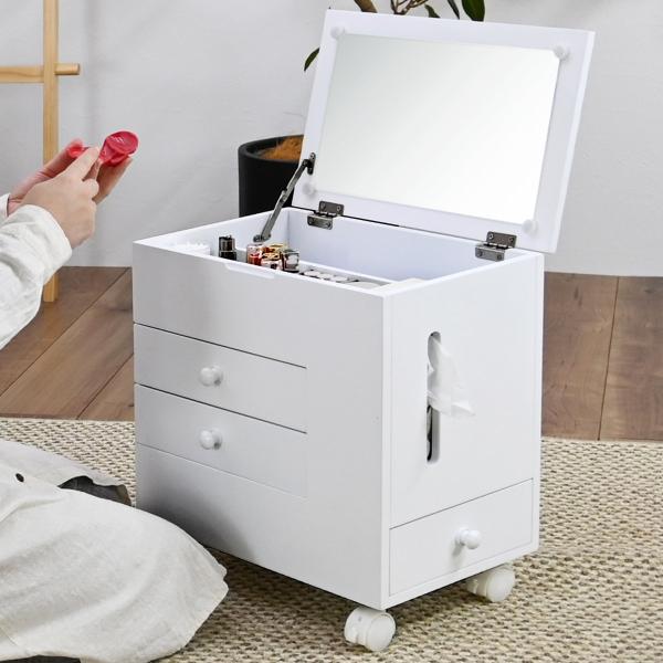 サイズ/約幅42.5×奥行27.5×高さ41.5cm重量/約9.2kg内容量/1台材質/本体：木質繊維板（ラッカー塗装）、鏡キャスター：樹脂生産国/中国製引き出し/3杯（正面×2・側面×1）キャスター/付き組立状態/お客様組立品●コンパクト...