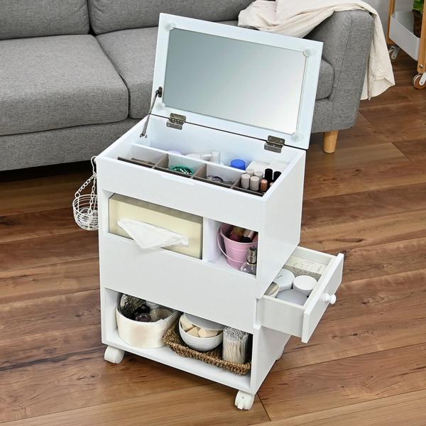 サイズ/約幅46×奥行27×高さ58.5cm重量/約9.5kg内容量/1台材質/本体：木質繊維板・ラッカー塗装鏡、ハンガーバー：スチールキャスター：樹脂生産国/中国製組立状態/完成品（一部取付）●座って使いやすい高さのメイクワゴンです。●清...