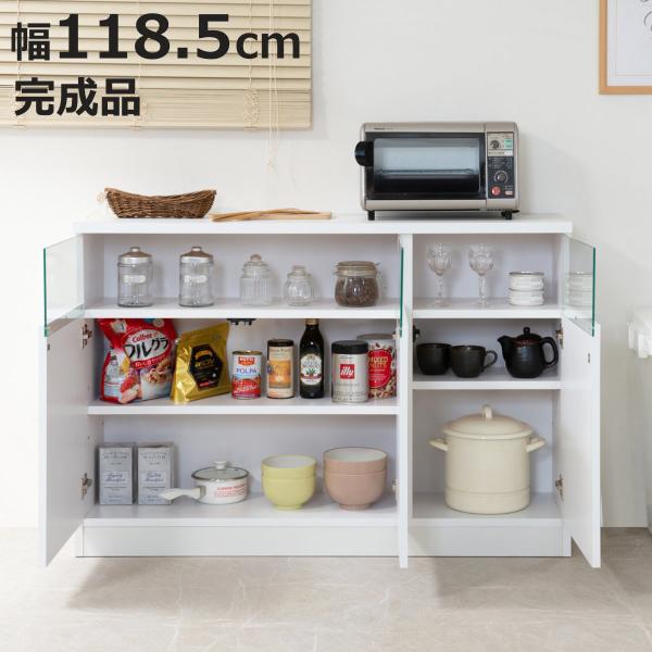 サイズ/約幅118.5×奥行29.5×高さ80cm重量/約28kg内容量/1台付属品：可動棚板大1枚、小1枚材質/前・天板：強化プリント紙化粧繊維板その他：プリント紙化粧繊維板生産国/日本製天板耐荷重/15kg棚板1枚あたり耐荷重/10kg...