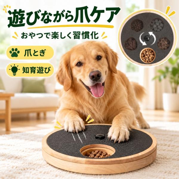 この爪研ぎボードには取り外し可能なトリーツ（おやつ）ボックスが付属しており、愛犬の好奇心を大いに刺激します。ボックスにおやつを入れておけば、愛犬は自らボードを噛んだり引っ掻いたりして爪を研ぐようになり、爪のお手入れという本来なら面倒な作業が...