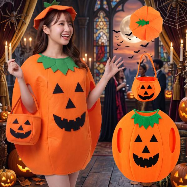 【カボチャ3点セット】お届けと同時に「ハロウィン気分」が一気に盛り上がる、心躍るコスプレセットです！カボチャ衣装、カボチャ帽子、パンプキンバッグの3点がそろった、遊び心たっぷりの充実セットです。サッと着るだけで、かわいいカボチャに変身できま...