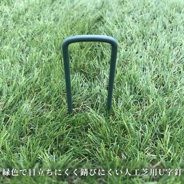 人工芝設置場所の地面が土の場合、端はしに打ち込む釘です。緑色塗装がされており目立ちません。釘の先が尖っていて挿しやすく、かなづちで簡単に固定出来ます。50cm程度の等間隔で打ち込みます。サイズ：長さ約130mm、幅約35mmこちらは50本入...
