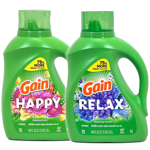 【スペック】商品名：GAIN ゲイン 洗濯用 液体洗剤種類：HAPPY / RELAX内容量：2.6L 88oz 入り数：1本使用回数：標準使用量で約61回分液性：中性用途：衣類用(綿、麻、レーヨン、合成繊維)原産国：アメリカ合衆国メーカー...