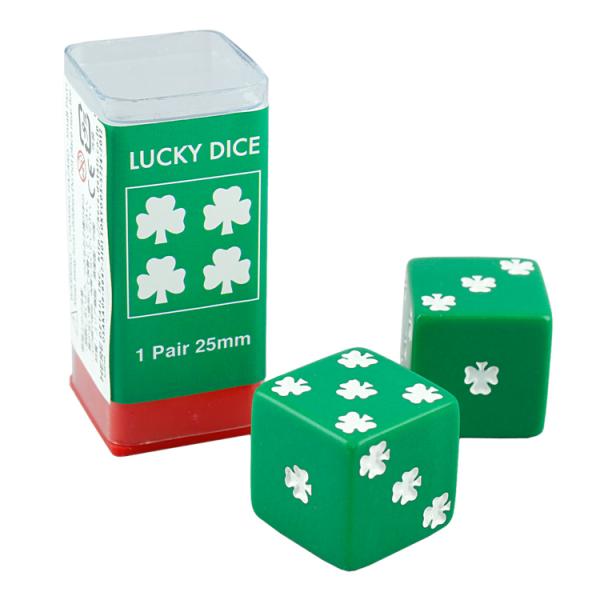 【スペック】品名：ラッキーシャムロックダイス（緑サイコロ2個）カラー：ベース緑／ハート白サイズ：1辺2.5cmパッケージサイズ：高さ6.5×幅2.8×奥行2.8cm素材：プラスチックブランド：KOPLOW GAMES / USA