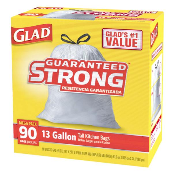 アメリカGLADの『トール ドローストーリング キッチンバッグ 49.2L 90枚入り』です。「ドローストーリング＝紐でしぼる』と言うネーミングからもわかるようにゴミ袋に紐が付いた、約49Lサイズのキッチン用ゴミ袋。大容量の90枚入りです。...