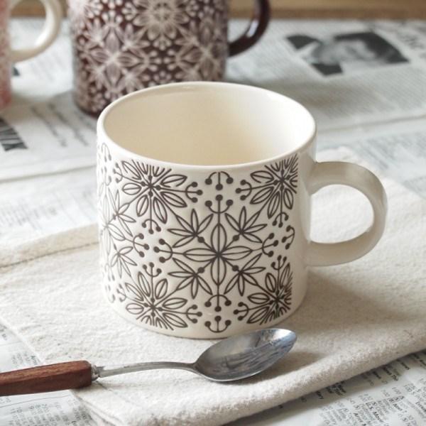 コーヒータイムが楽しくなりそうな、とってもかわいいモザイク模様のマグカップ！優しいブラウンとホワイトのカラーは、心の中まで温まりそうですね！手の中にしっくりフィットするやさしいシェイプ。安心感のあるマグで、朝のミルクから夜のココアまで、一日...