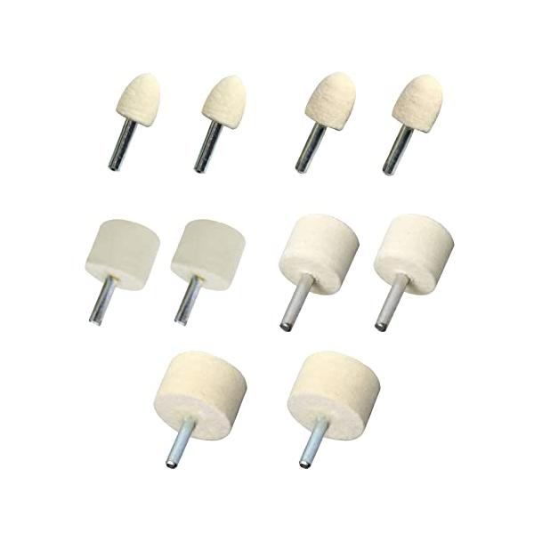 【セット内容】10ピースセット。円柱型：2ピース30×6mm、2ピース35×6mm、2ピース40×6mm。円錐型：2ピース20×6mm、2ピース25×6mm。（羊毛研削ヘッド径×軸径）【素材】ウール(研削ヘッド)+金属(軸)。高品質の羊毛を...