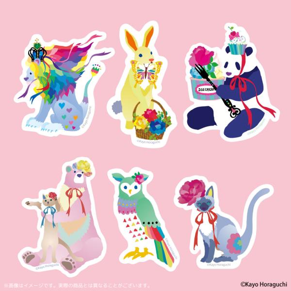 ホラグチカヨの新作描き下ろし作品を使用した耐水ステッカー 全6種。【商品サイズ】約50×60(mm)以内 ※商品によりサイズが異なります。【素材】塩ビ【生産国】日本(c)Kayo Horaguchi