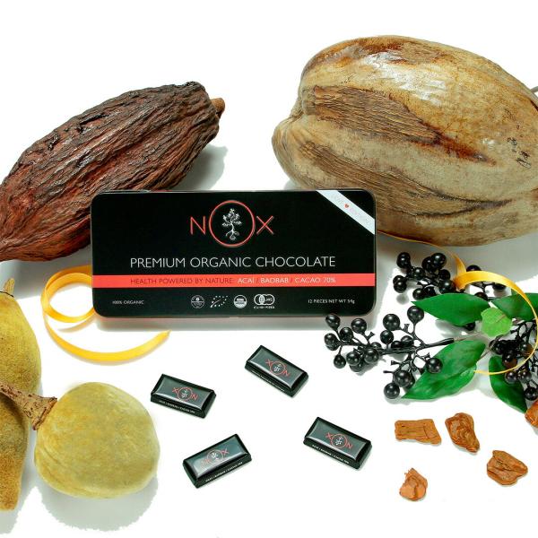 1粒でポリフェノール127.8mg！NOXプレミアムオーガニックチョコレートは、トランス脂肪酸（マーガリンやショートニングなど）・乳製品・白砂糖を使用せずに作られています。また、話題の「スーパーフルーツ」のアサイーとバオバブを配合している健...