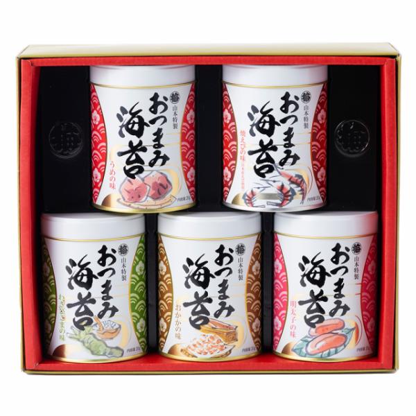 おつまみに、おつまみ海苔。香り豊かな上質の海苔にうめ・焼えび・おかか・明太子・わさびごまをまぶして、2枚合わせの短冊形に仕上げました。おつまみとして、おやつとして、手軽にお楽しみいただけます。品質本位の姿勢、味附海苔の元祖嘉永2年（1849...