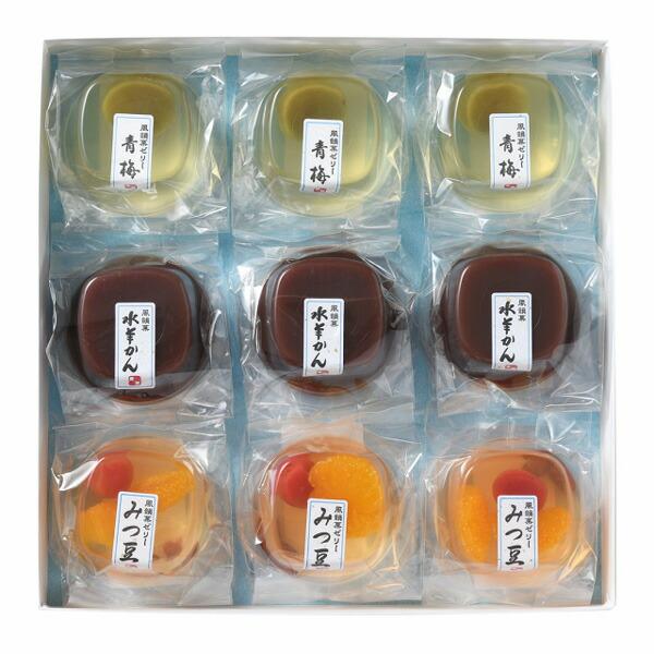 夏限定の涼菓「風韻菓」は、みつ豆・青梅・水ようかんの詰合せです。各種類が3個ずつ入っており、計9個入です。蒸し暑い夏にぴったりのお茶うけとしてお楽しみいただけます。特に冷やしていただくと、より一層美味しくお召し上がりいただけます。・内容量：...